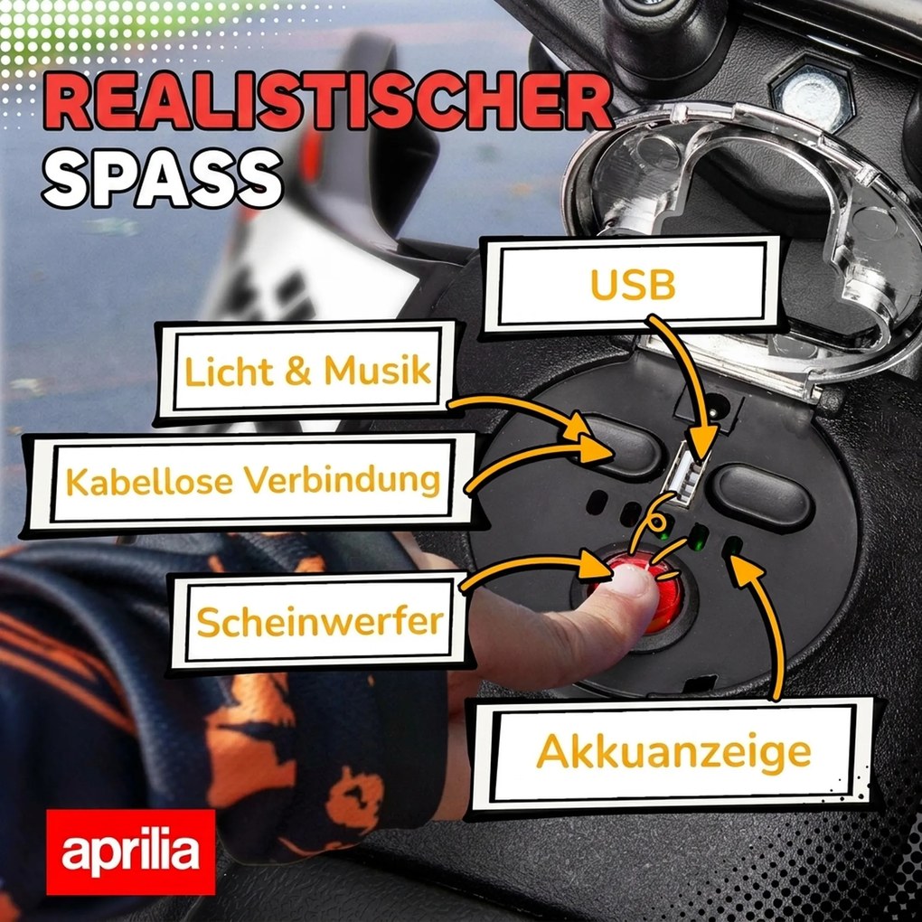 Dětská elektrická motorka AIYAPLAY křížový motocykl pod licencí Aprilia se 2 motory 12V, max. rychlost 6 km/h, tréninková kolečka, pružinové odpružen…