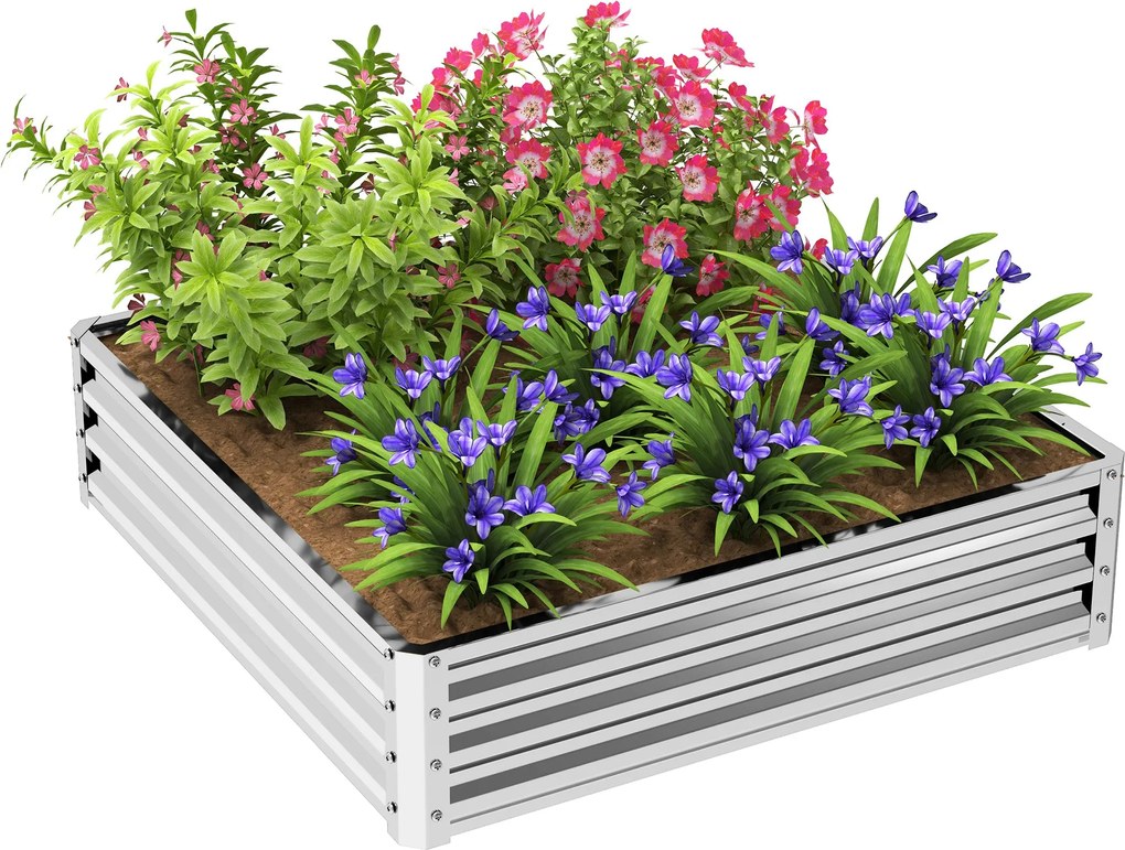 Zvýšený zahradní záhon Outsunny, květinový box, zeleninový záhon, herbář pro zahradu, terasu, balkon, ocel, stříbrný, 120 x 120 x 30 cm | Aosom