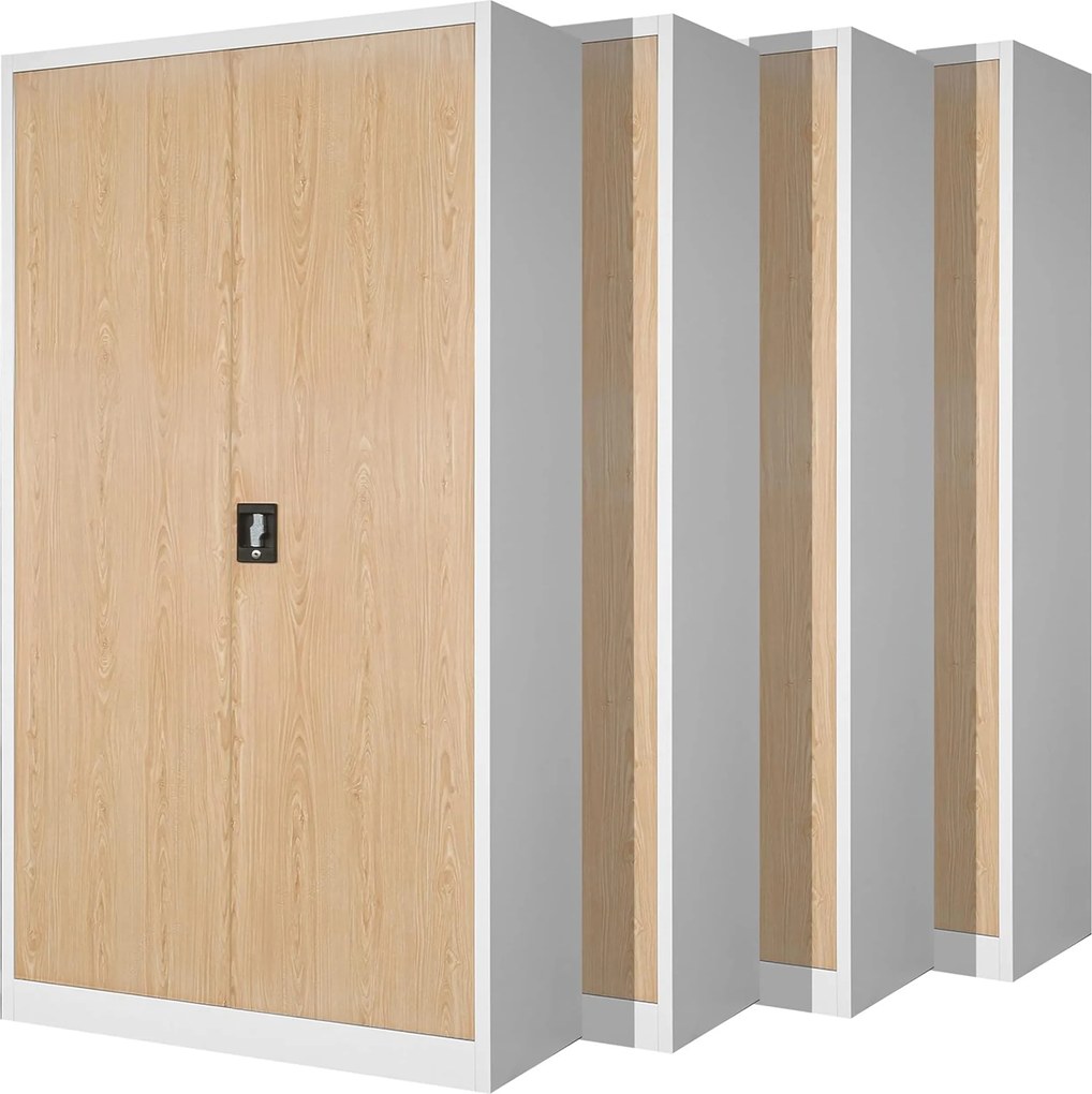 Sada 4x plechová policová skříň JAN H, 900 x 1950 x 400 mm, Eco Design: bílá/ dub sonoma