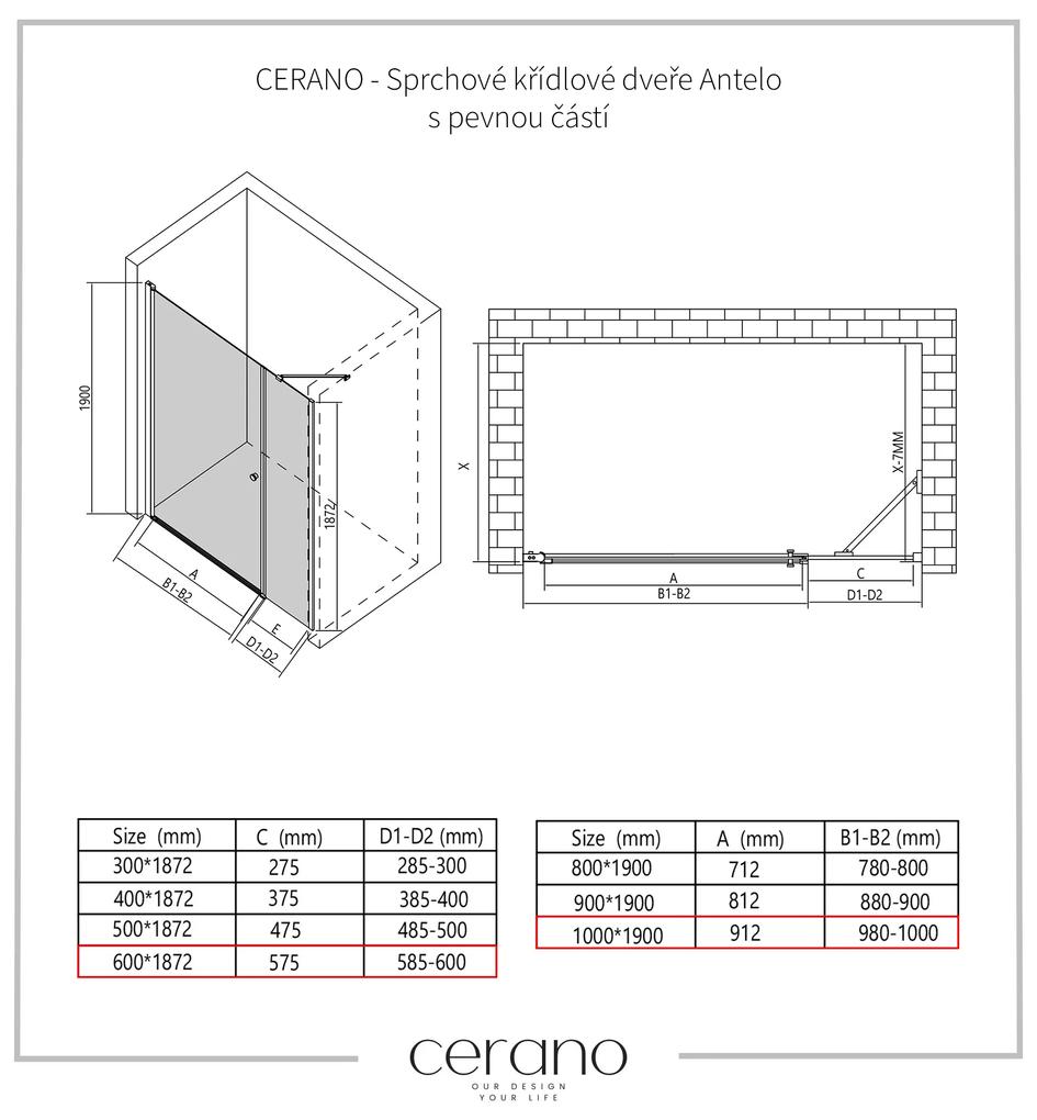 CERANO - Sprchové křídlové dveře Antelo s pevnou částí L/P - černá matná, transparentní sklo - 100x60cm
