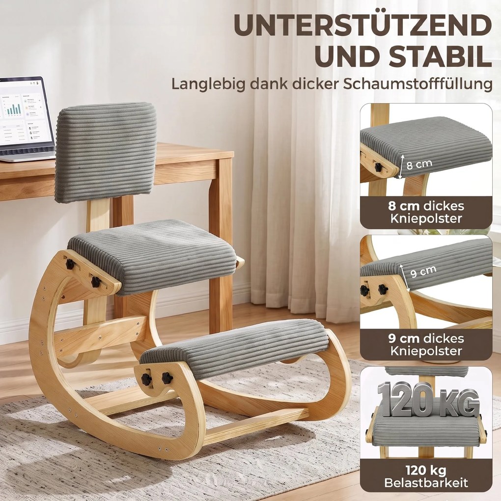 HOMCOM Ergonomická kolenní židle, kolenní stolička se záhlavím, vzhled manšestru, kancelářská židle do domácnosti, kanceláře, meditace, tmavě šedá