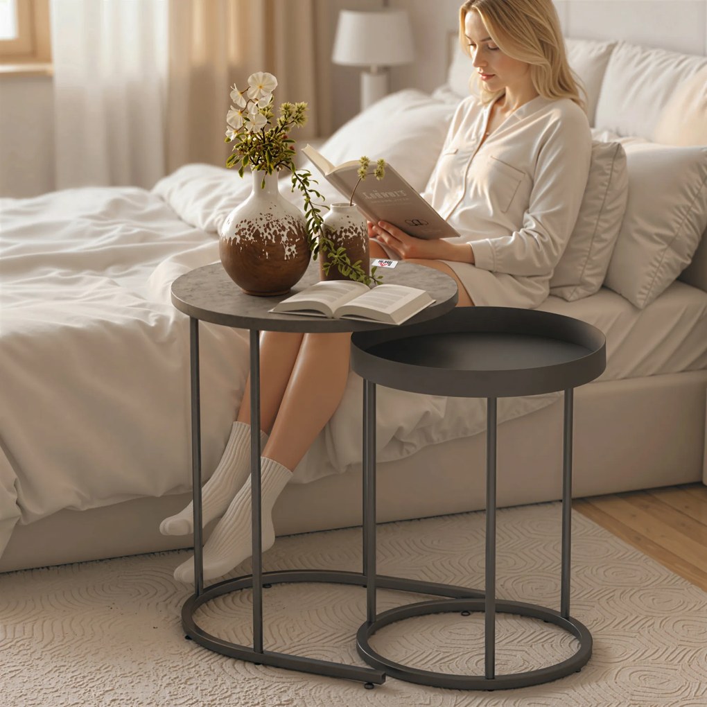 HOMCOM Sada 2 obývacích stolů, zasouvací, design podnosu, kov, šedá