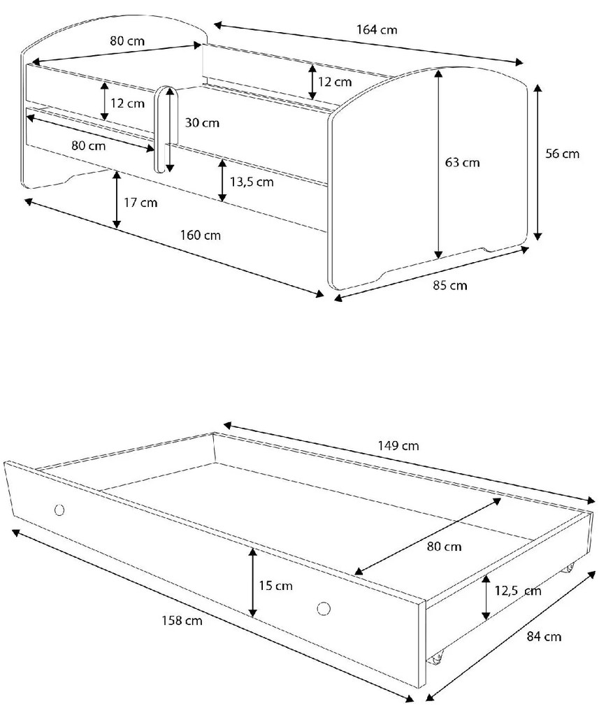 ADRK Postel PEPE PRINCESS AND HORSE, CH-Pep-Bar-Pri-Hor-160-E296, 160x80 cm se zásuvkou, zábradlím a matrací, bílá/grafika