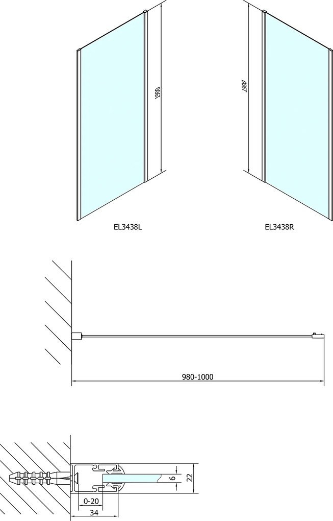 Polysan Polysan, EASY LINE sprchová boční stěna 1000mm, sklo BRICK, EL3438
