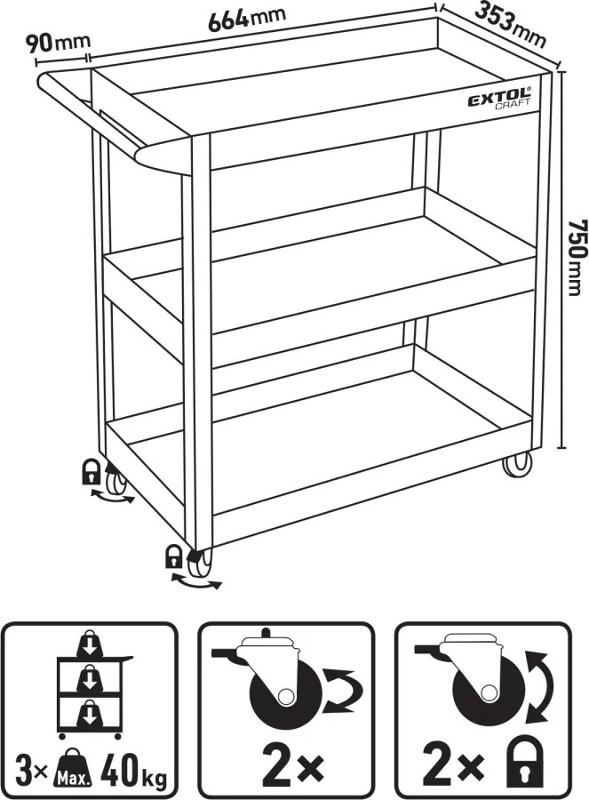 Vozík policový, 3police, max 120kg