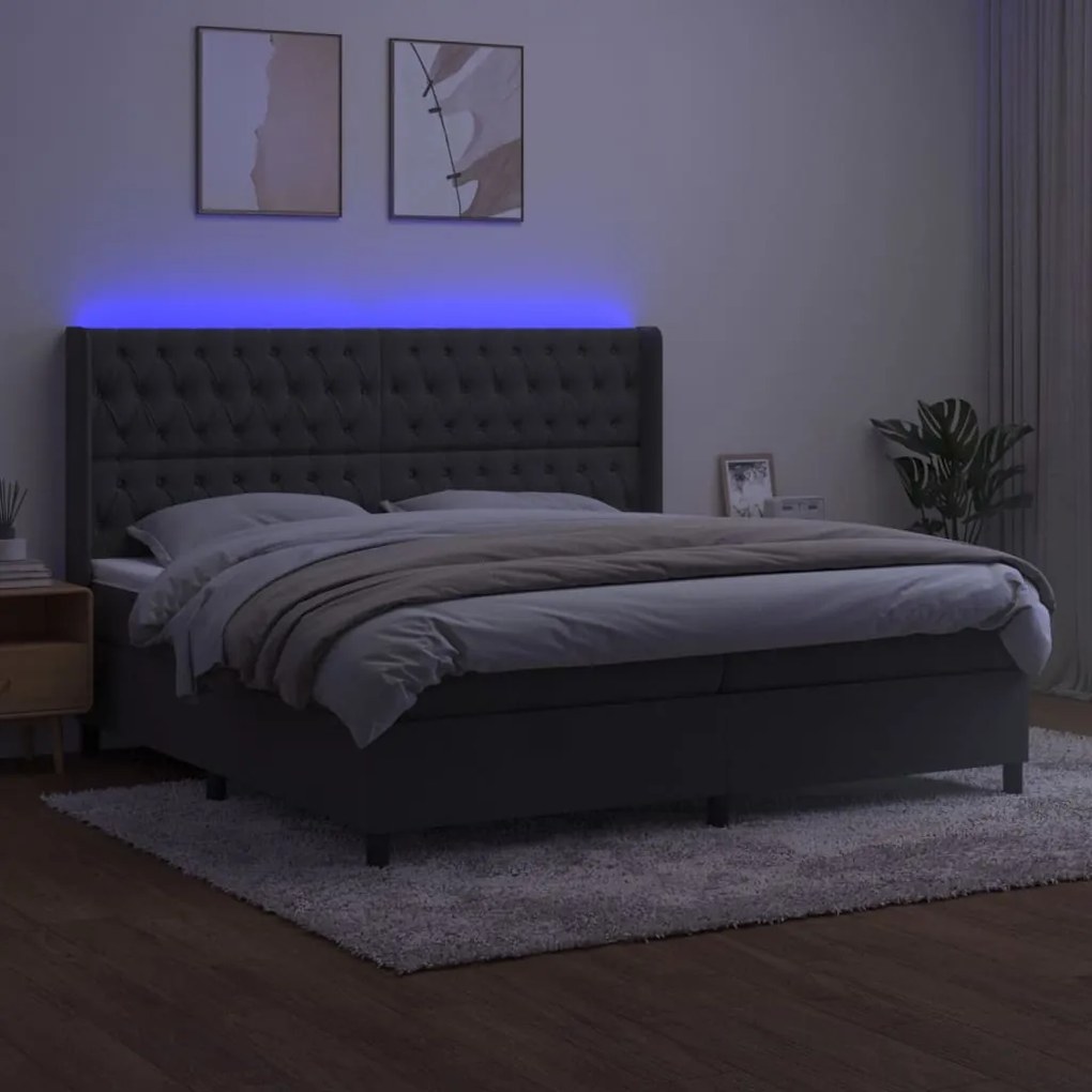 Box spring postel s matrací a LED tmavě šedá 200x200 cm samet 3139764