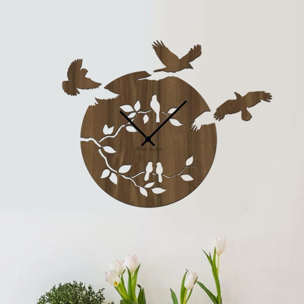 dřevo života Nástěnné hodiny PTÁCI Zvolte barvu dekoru: Černá, Zvolte velikost hodin (cm): 35x35, Barva ručiček: Zlaté