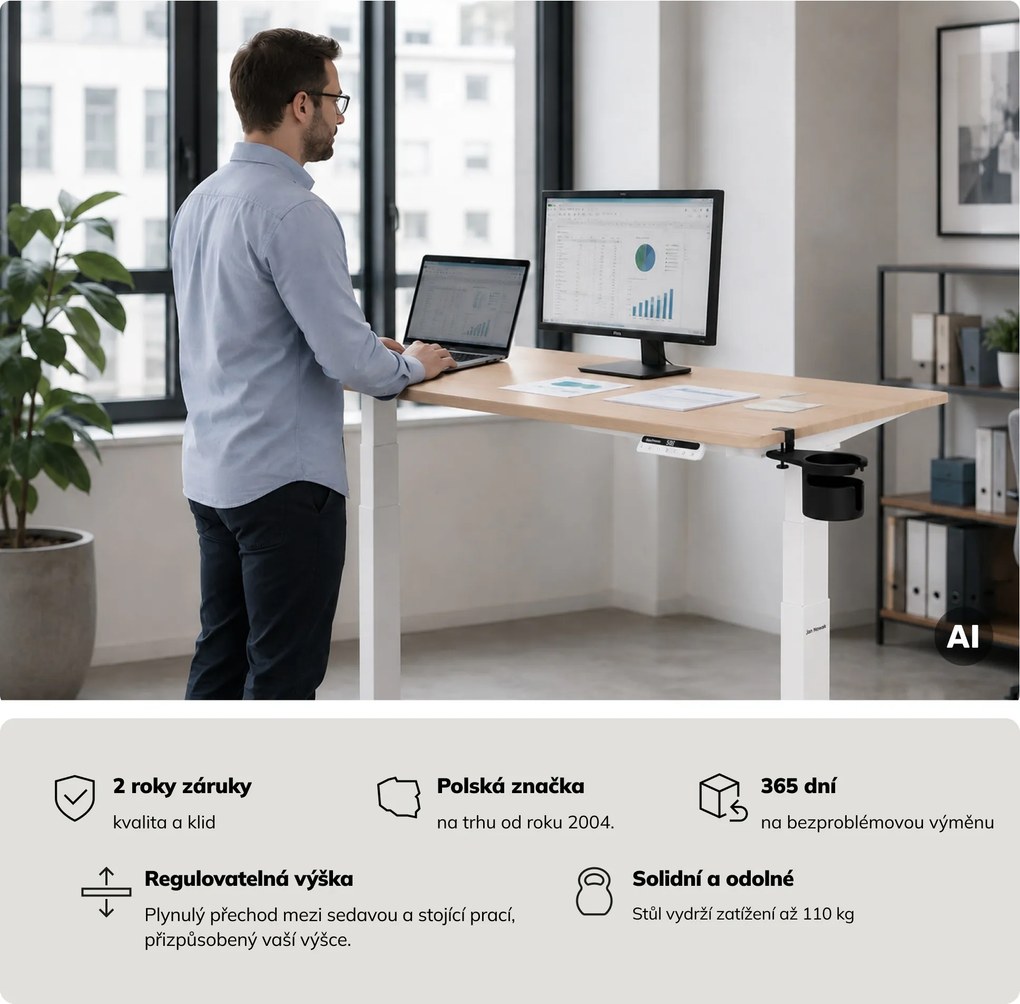 Elektrický stůl s nastavitelnou výškou ergonomický bílý/dub sonoma,1400x700 mm: ARIA