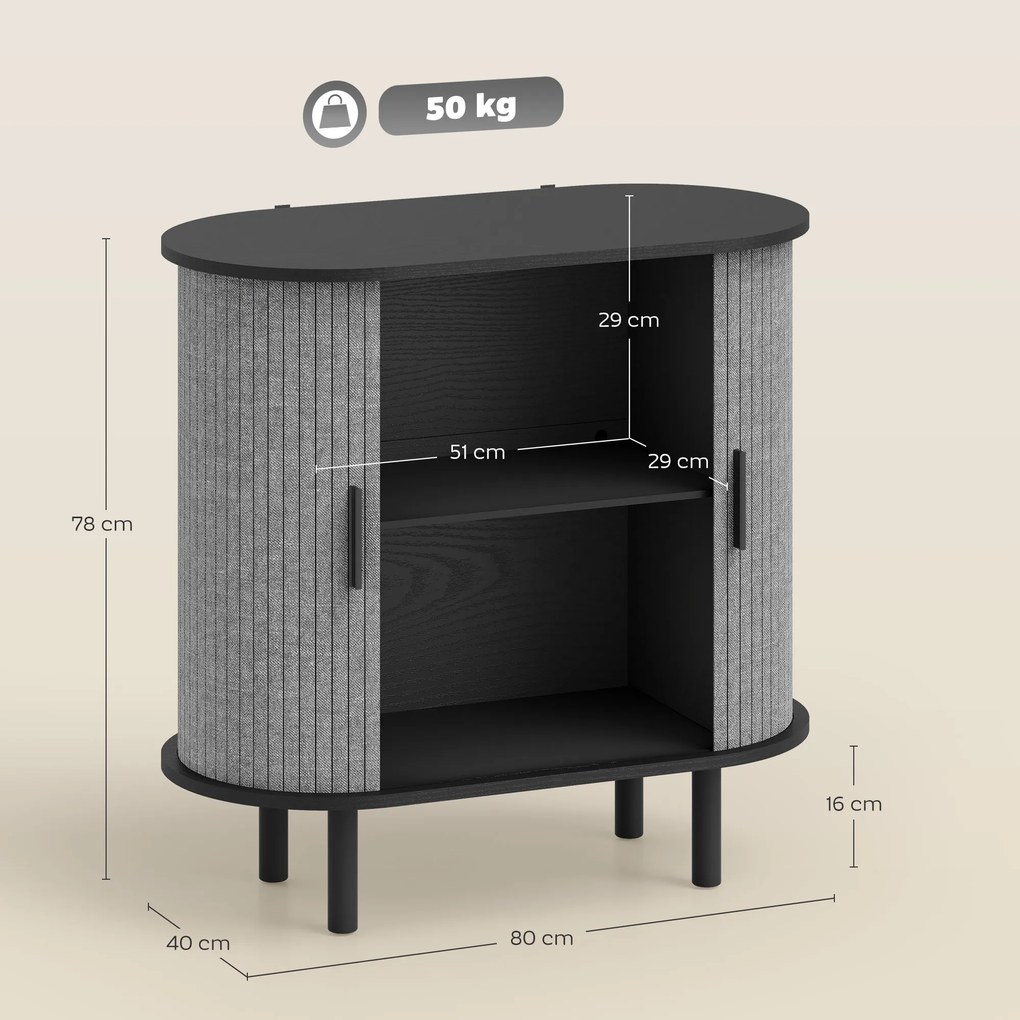 HOMCOM bufet do obývacího pokoje, ovální úložný nábytek se 2 posuvnými dveřmi a 2 přihrádkami, 80 x 40 x 78 cm, šedý