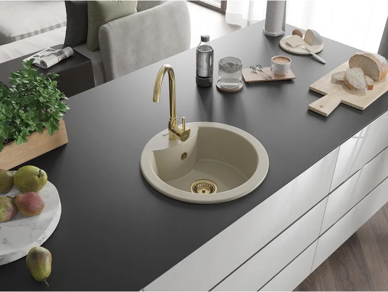 Mexen Diego, granitový dřez 488x488x167 mm, 1-komorový, béžová se zlatým sifonem, 6512481000-69-G