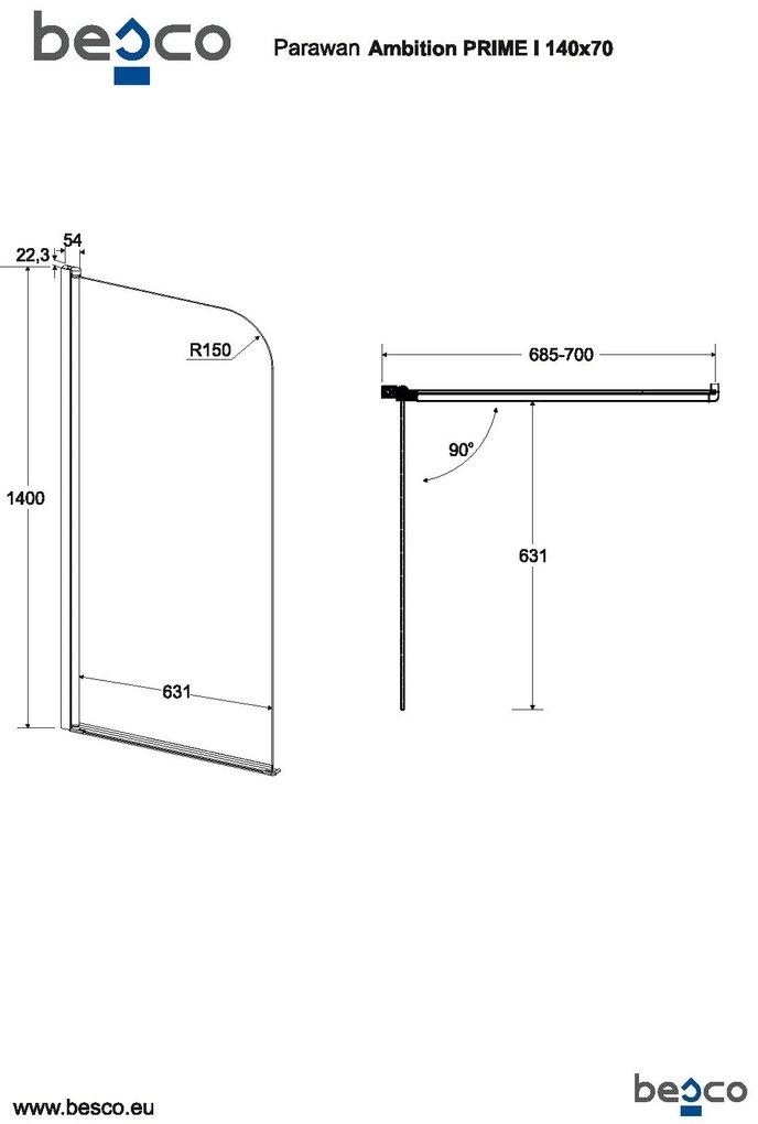 BESCO Vanová zástěna PRIME 1 BARVA rámu - Chrom/Leštěný hliník (ALU), Rozměr A - 70 cm, Směr zavírání - Univerzální Levé / Pravé, Výplň - Čiré bezpečnostní sklo - 5 mm - BCPRIM70CC