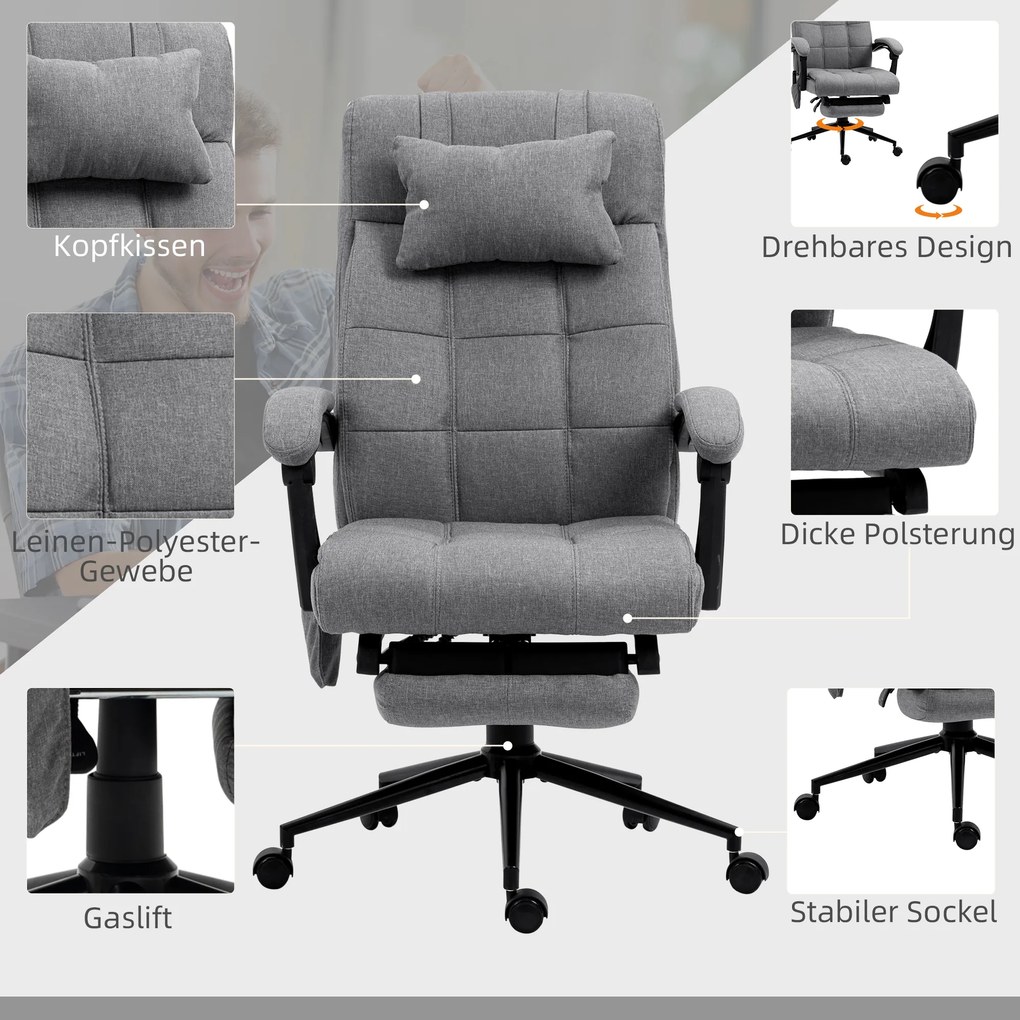 Kancelářská židle Vinsetto s masážní funkcí ergonomická výškově nastavitelná s bederním vyhříváním podnožka podhlavník polyester šedá 66x76x112-120cm…