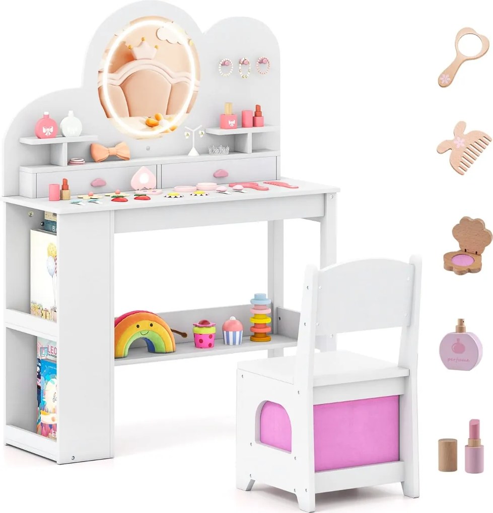 Costway Dětský toaletní stolek s osvětlením Sada toaletního a židlí Princess s 2