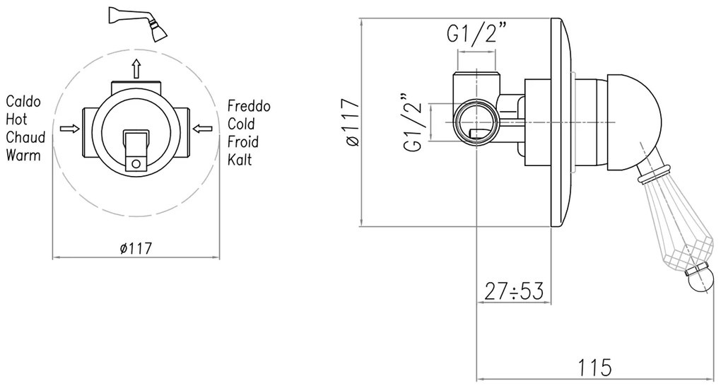SAPHO KIRKÉ CRYSTAL podomítková sprchová retro baterie, 1 výstup, páčka krystal, bronz KI41KB
