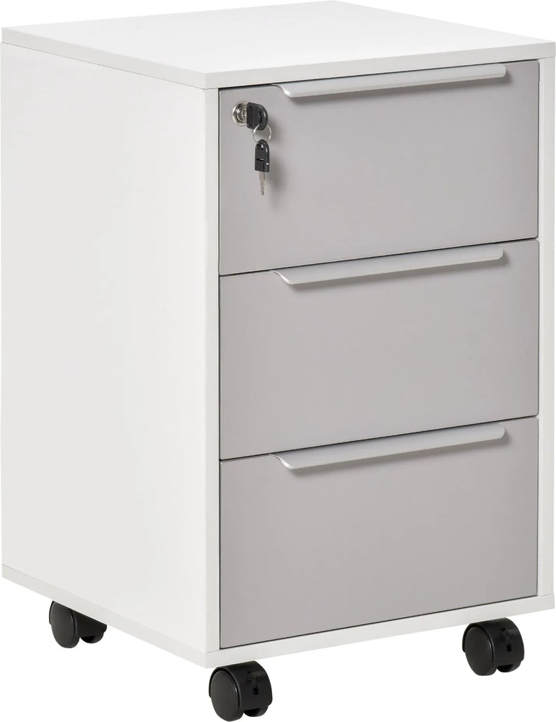 HOMCOM zásuvková jednotka se 3 zásuvkami – kancelářský file cabinet s kolečky, zámkem a 2 klíči pro domácí kancelář 40x40x63,5 cm bílá a šedá