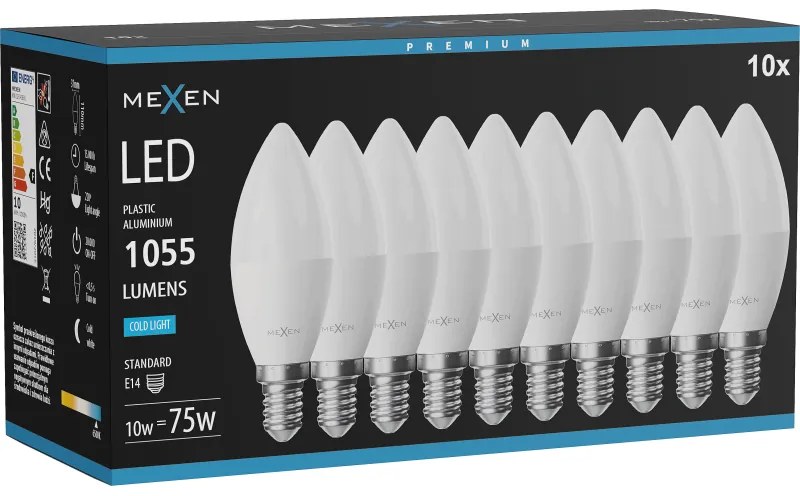 Mexen Nova 10x LED žárovka E14, C37, 10W, Studená - 6500K, 1055 lm - L102-E14-1065-01x10