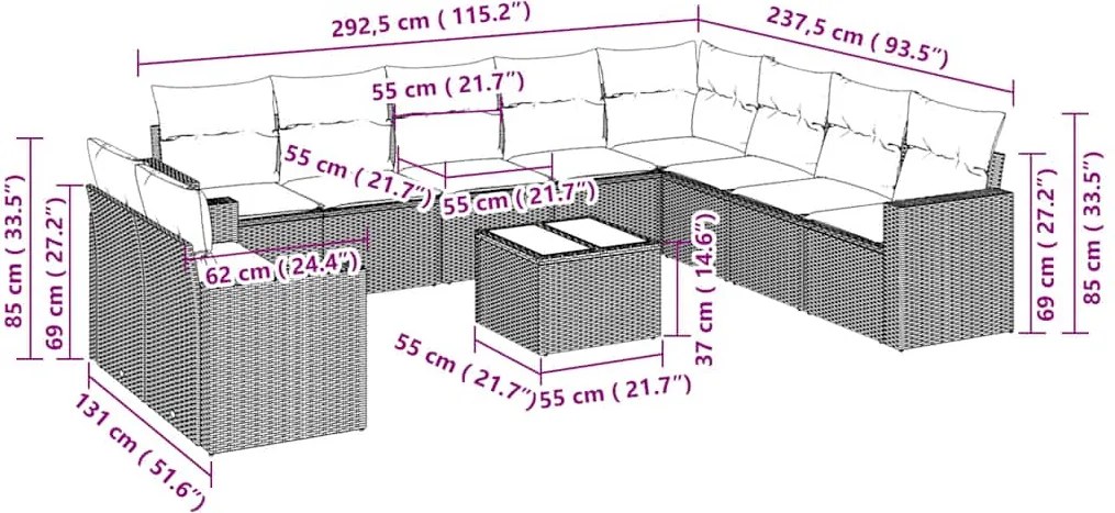 11dílná zahradní sedací souprava s poduškami šedá polyratan 3219172
