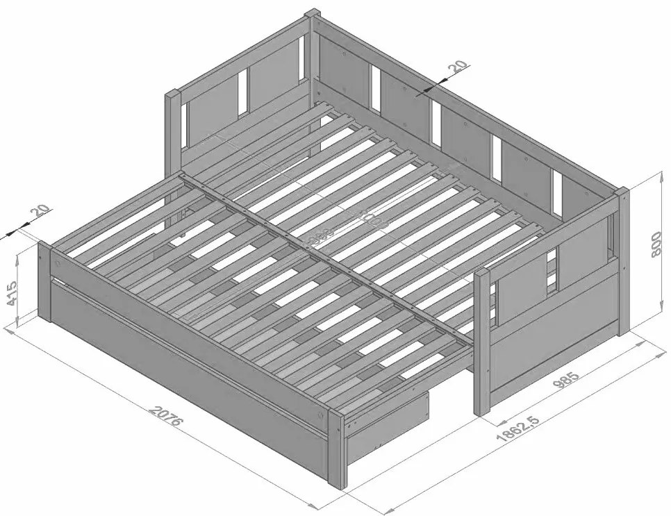 Rozkládací postel BONDI bílá s úložným prostorem a boxem pro matraci, masiv borovice