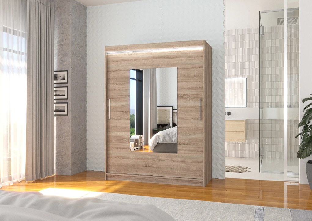 ADRK Furniture Posuvná skříň se zrcadlem a LED osvětlením DORRIGO 150 ADRK-SW-DOR-T-150+L