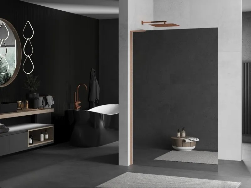 Mexen Kioto L, sprchová zástěna Walk-In 70 x 200 cm, 8mm sklo vzor zrcadlo, měděný matný profil, 800-070-103-65-50