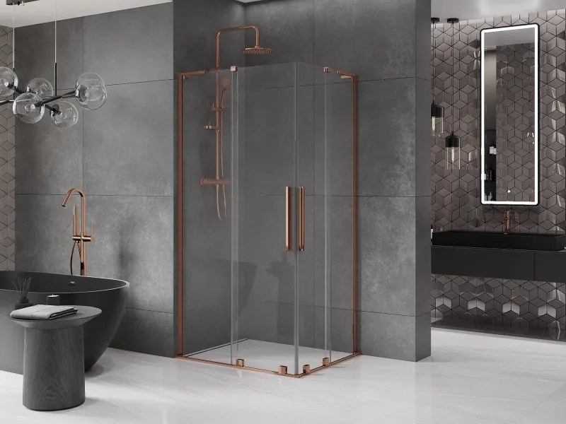 Mexen Velar L Duo, sprchový kout s posuvnými dveřmi 90 x 80 cm, 8mm čiré sklo, růžové zlato, 871-090-080-02-03-60