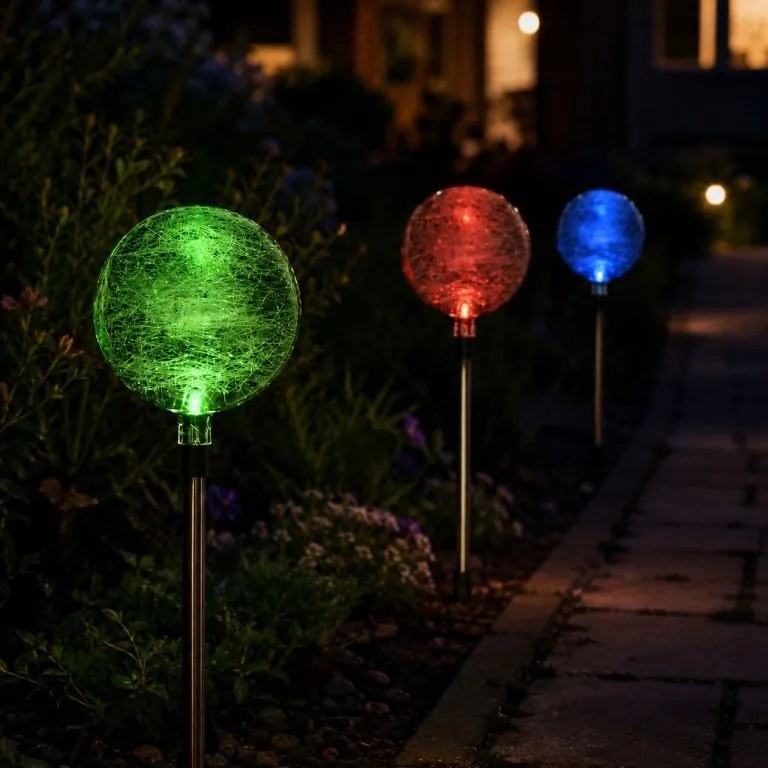 Sada 3 solárních zahradních zápichů s LED koulí, 80 cm