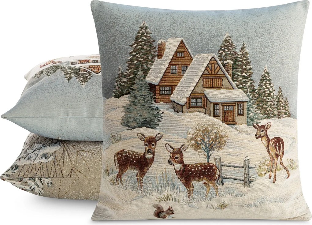 VÁNOČNÍ GOBELÍNOVÝ DEKORAČNÍ POVLAK NA POLŠTÁŘ SNOWY WISHES 45X45 CM VZOROVANÝ