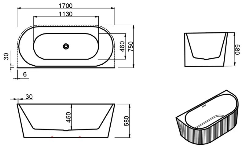 BPS-koupelny Volně stojící akrylátová vana ke stěně HYD-CA517D 170x75 bílá, odtokový komplet bílý lesklý