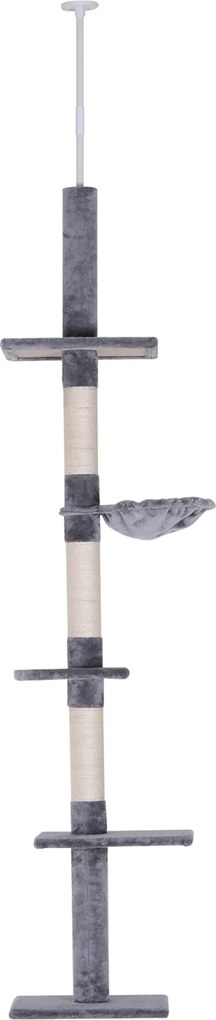 PawHut Škrabadlo do stropu s nastavitelnou výškou, stabilní stromeček pro kočky se sisalovými sloupy, šedé, 40 x 34 x 230-260 cm | Aosom