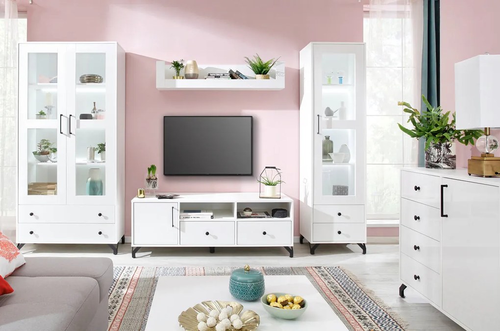 BERGEN | TV stolek BE8 | 140 cm | se zásuvkami a dvířky | bílá mat/bílá lesk