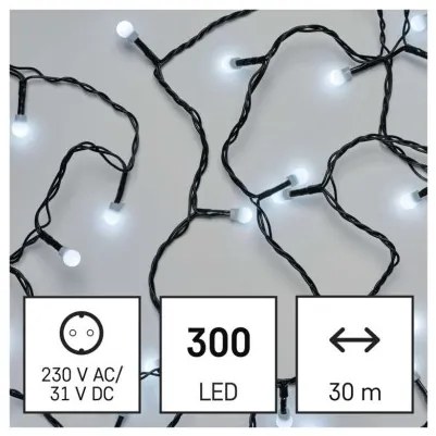 EMOS LED venkovní vánoční řetěz CHERRY, 300xLED, studená bílá, 30m, časovač, kuličky, zelený ZY1602T