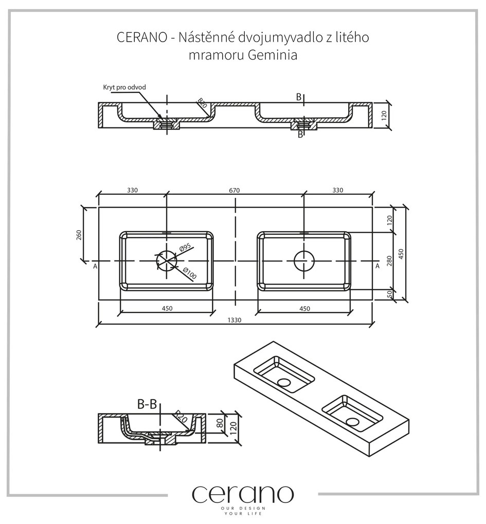 CERANO - Nástěnné dvojumyvadlo z litého mramoru Geminia - bílá matná - 133x45 cm