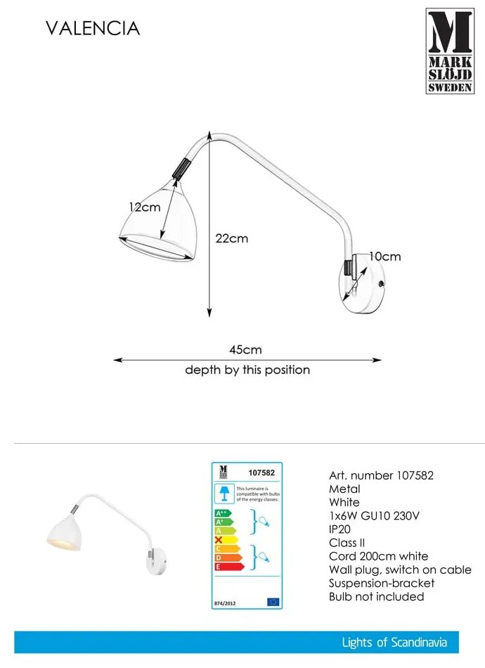 Bílá nástěnná lampa Markslöjd Valencia