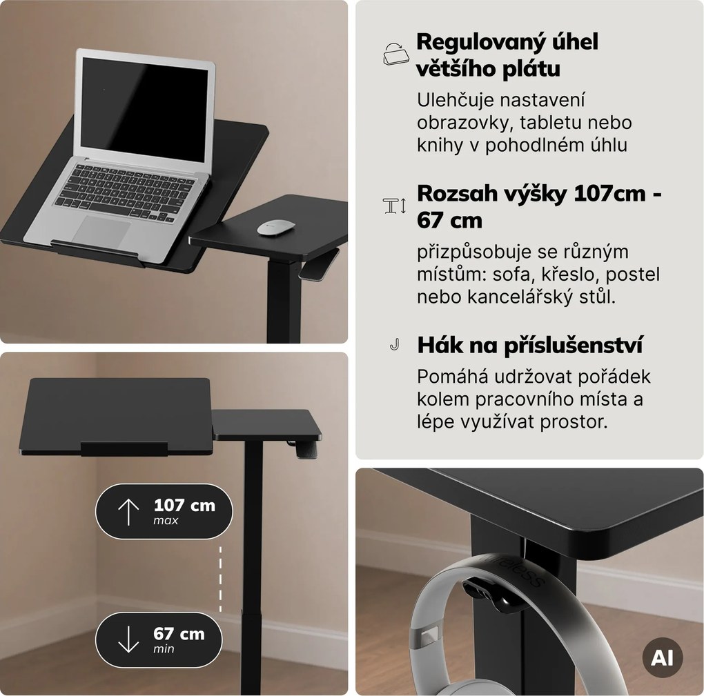 Stolek pod notebook nastavitelný, mobilní, multifunkční, černý: BILL