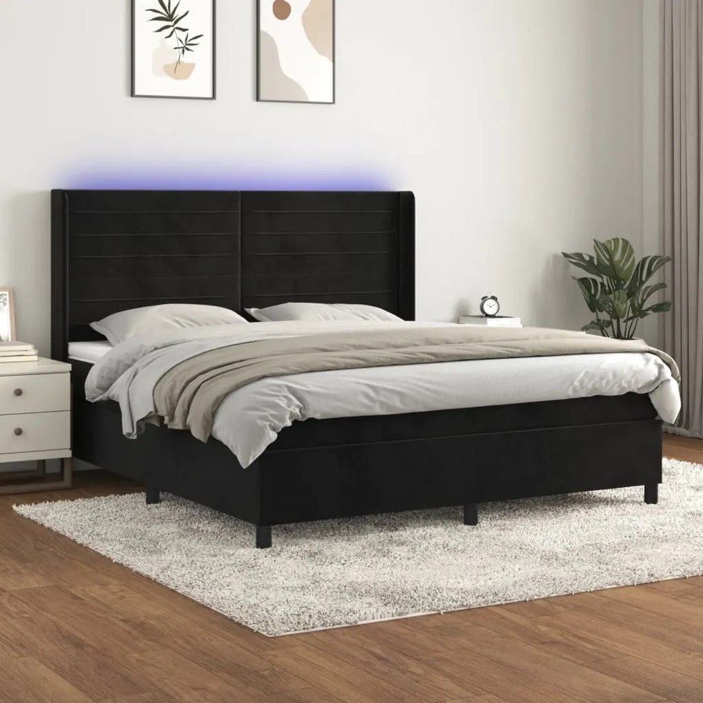 Box spring postel s matrací a LED černá 160x200 cm samet