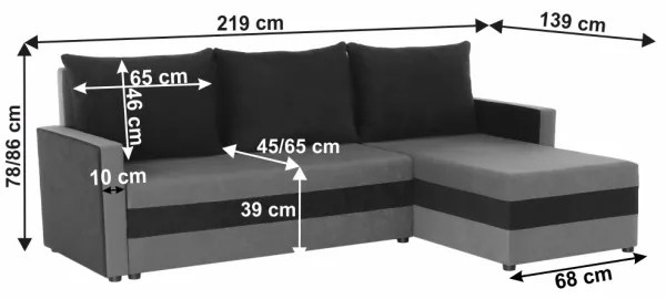 Čalouněná univerzální rozkládací rohová sedací souprava do L BRISTOL šedá/černá