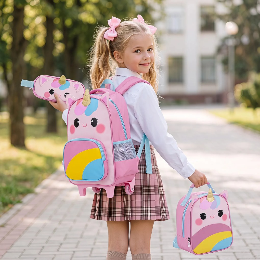 Costway Dětský školní batoh Unicorn s kolečky 3-dílná sada rolovacích batohů