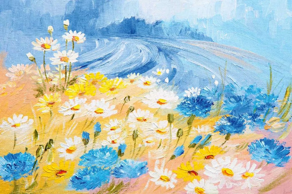 DIMEX | Samolepicí vliesová fototapeta na zeď Mabla - Abstraktní ilustrace květin MA-5-1975 | 375 x 250 cm | modrá, bílá, žlutá