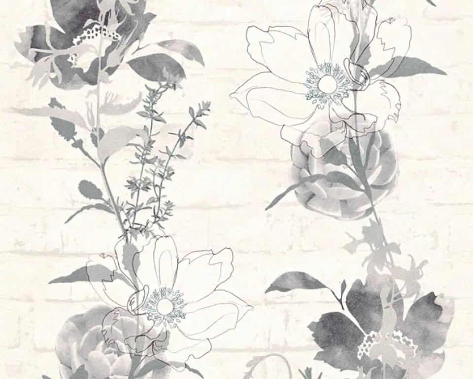 Papírová tapeta imitace cihly, černé květy 32800-3 / Tapety na zeď 328003 Urban Flowers (0,53 x 10,05 m) A.S.Création