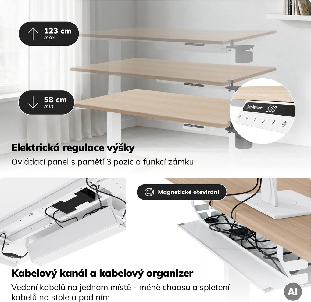 Elektrický stůl s nastavitelnou výškou ergonomický bílý/dub sonoma,1200x600 mm: ARIA