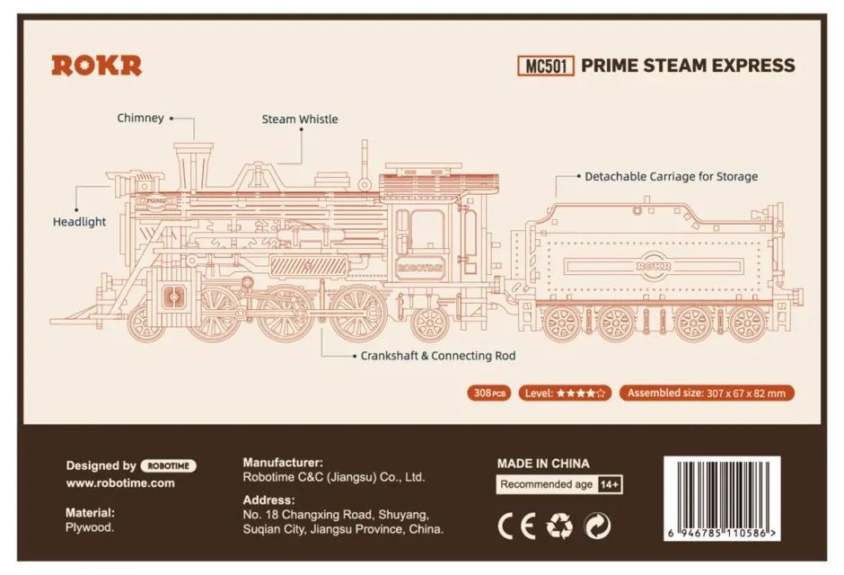 Robotime 3D dřevěné puzzle Parní lokomotiva Prime Steam Express 1:80 308 ks