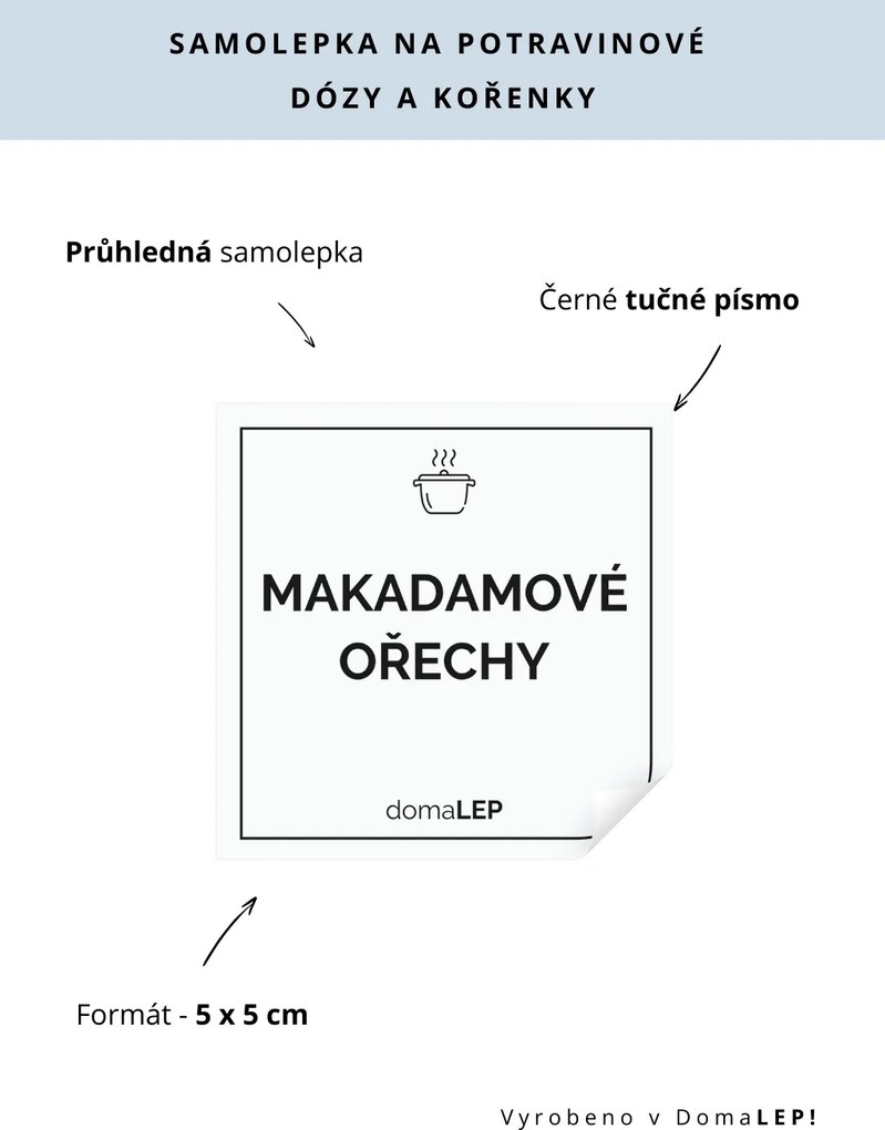 MAKADAMOVÉ OŘECHY – průhledná samolepka na dózu, tučné písmo, 5 x 5 cm | DomaLEP