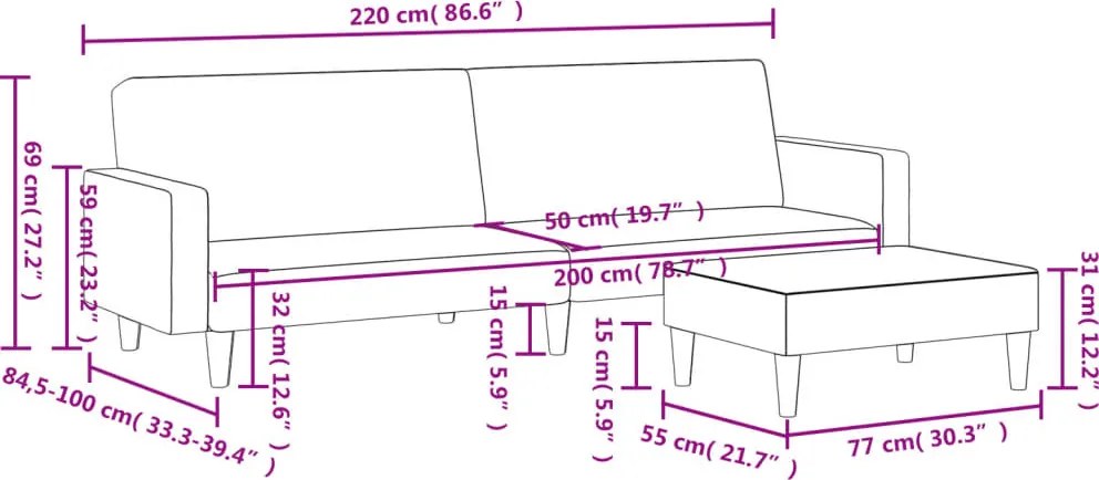 vidaXL 2místná rozkládací pohovka s podnožkou samet [3216235] Barva: Černá