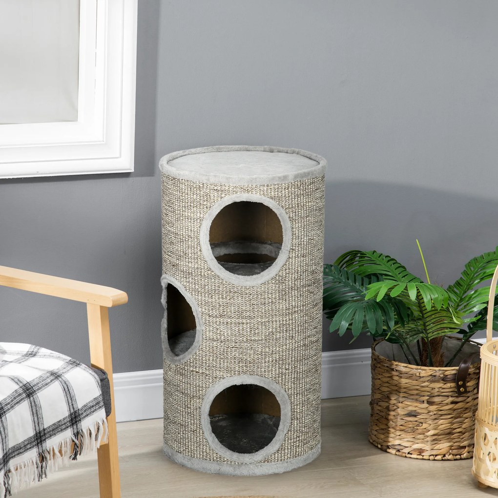 PawHut škrábací sud Hrací a škrábací sud pro kočky se 3 jeskyněmi ze sisalu a plyše Světle šedý Ø38x70cm pro aktivní hru a odpočinek | Aosom.de