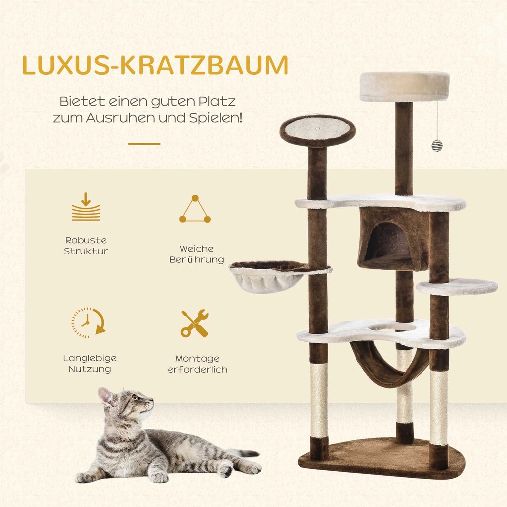 PawHut škrabadlo XXL kočičí strom 153H cm s kočičí jeskyní, houpací síť, šplhací strom pro kočky, plyš, hnědá barva pro hraní a relaxaci | Aosom.de