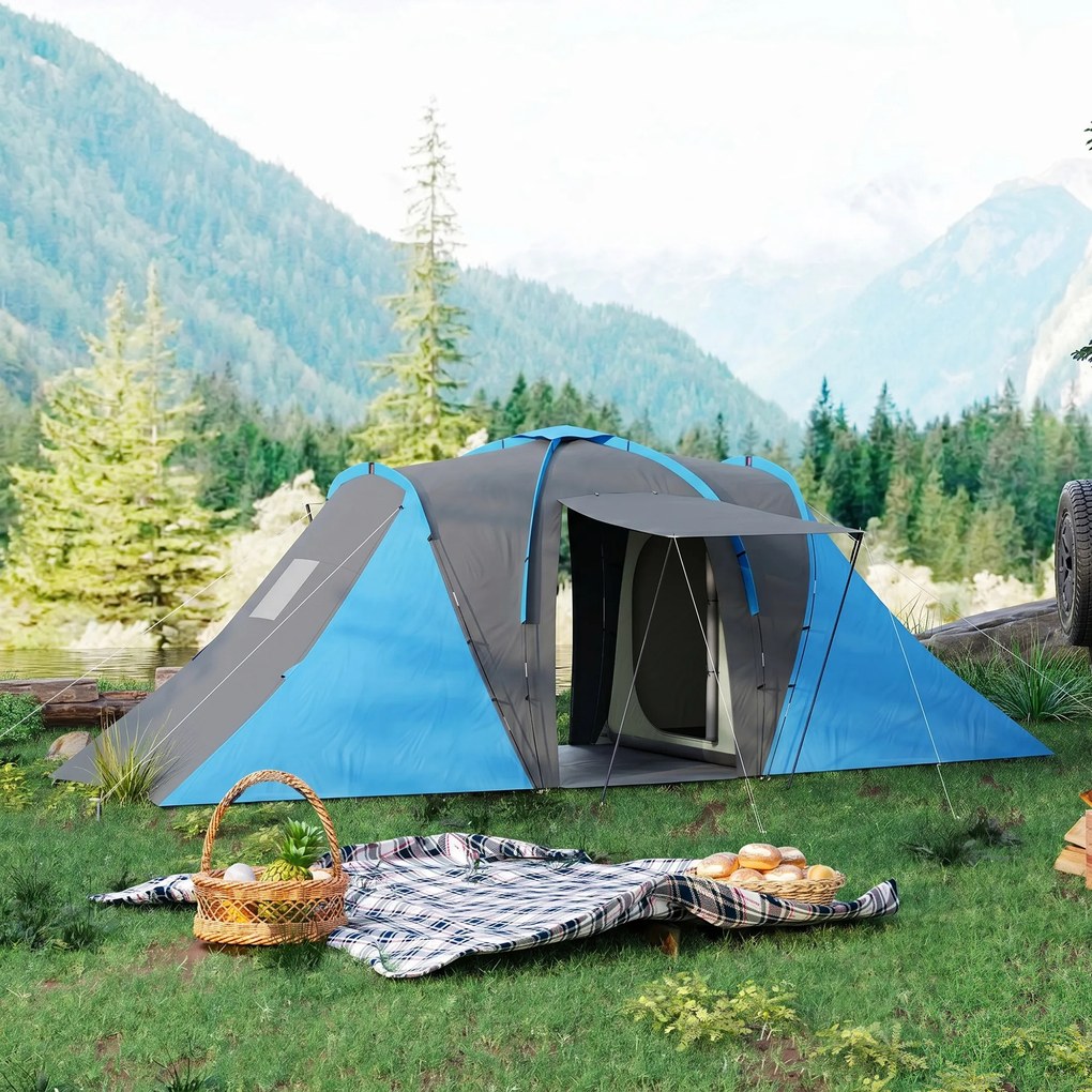 Outsunny rodinný stan pro 4-6 osob, voděodolný 2000 mm, skládací stan s 2 ložnicemi, batoh na kempování 555x225x190 cm, šedý a modrý