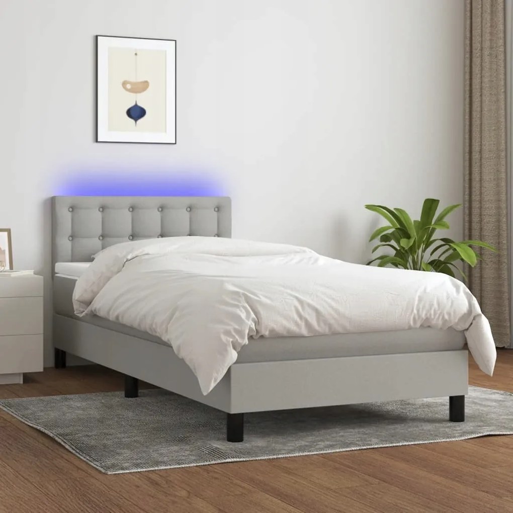 Box Spring Postel S Matrací A Led Textil Světle Šedá tlačítka 100 x 200 c