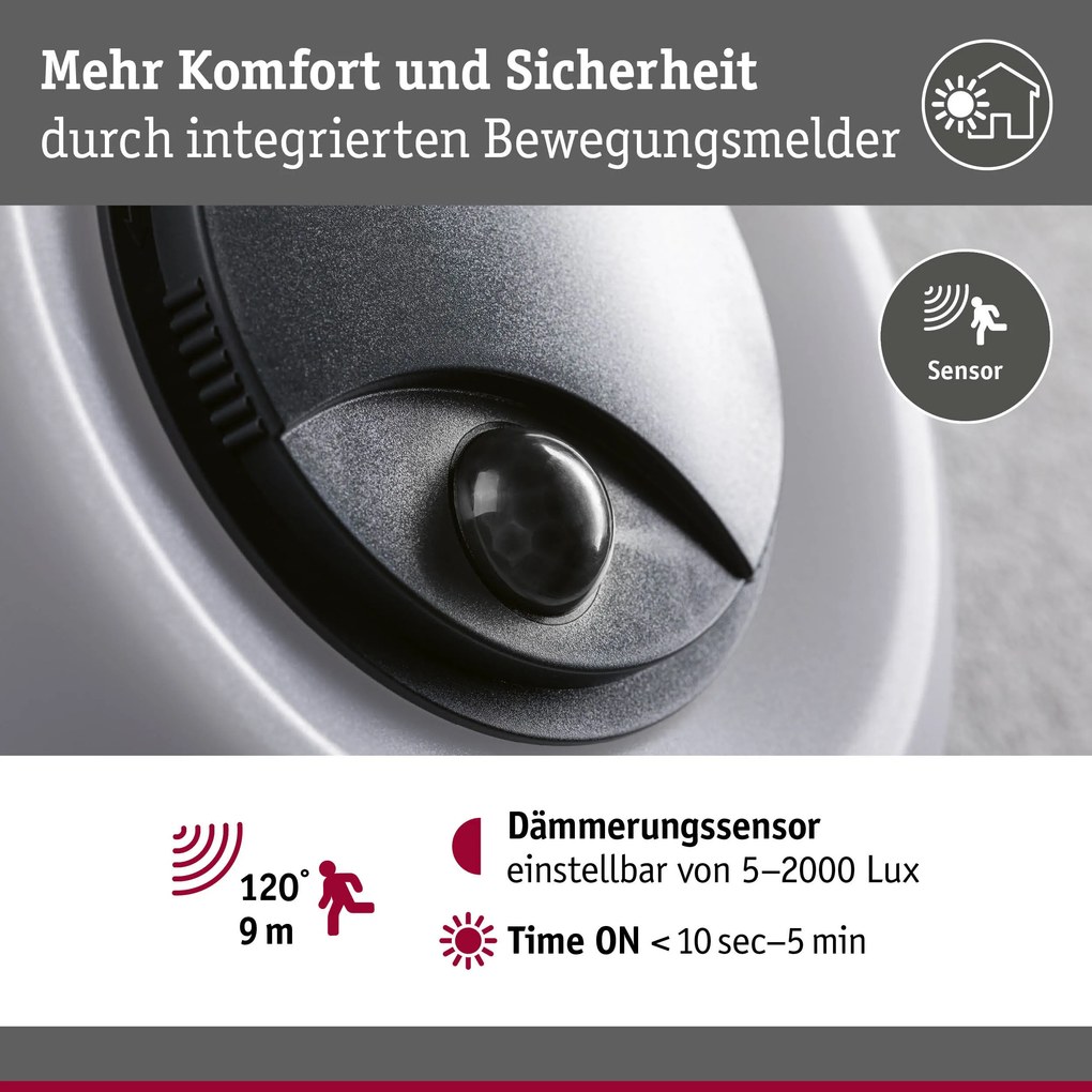 P 94956 LED venkovní nástěnné svítidlo Aureva pohybové čidlo IP65 kruhové 220mm 2200 - 4000K 20,5W 230V antracit/bílá polykarbonát - PAULMANN