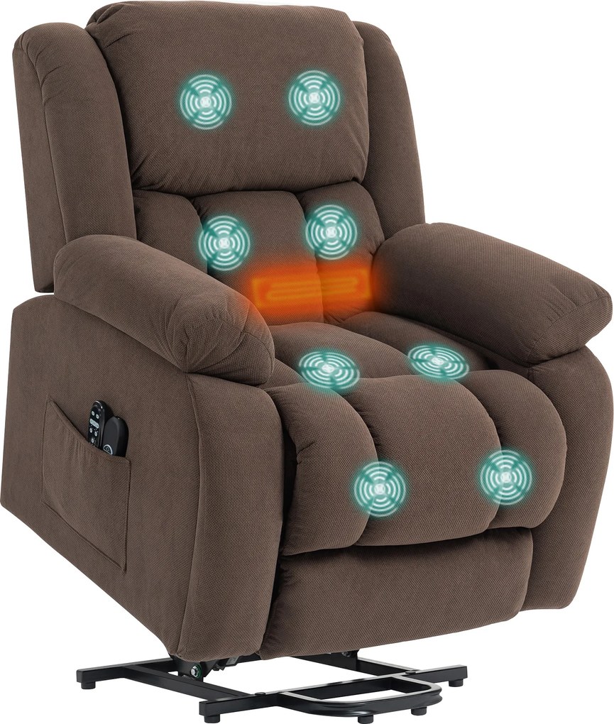 HOMCOM elektrické křeslo se vstáváním, elektrické relaxační křeslo s masážní a topnou funkcí, 93 x 104 x 100 cm, hnědá