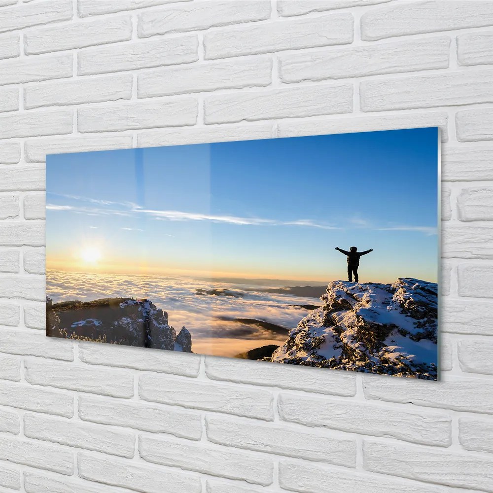 akrylový obraz Mountain muž mraky východ 100x50 cm
